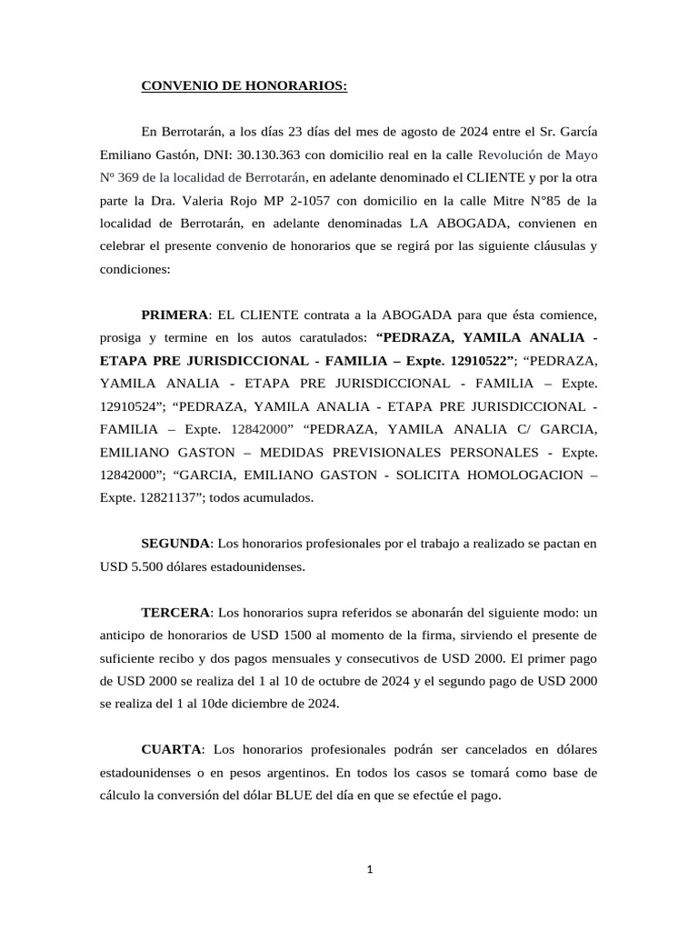 Modelo Convenio de Honorarios | PDF