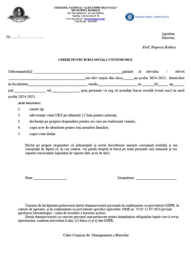 Cerere Pentru Bursa Sociala Venituri Mici - 2023-2024 | PDF