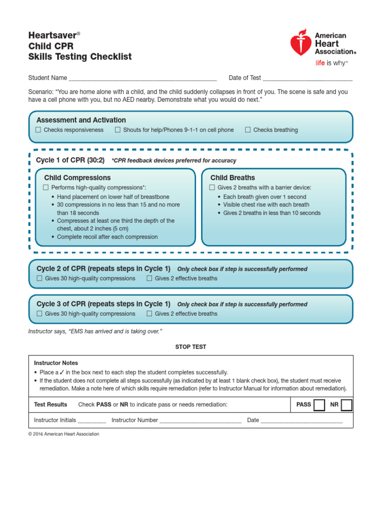 Heartsaver® Child CPR Skills Testing Checklist | PDF