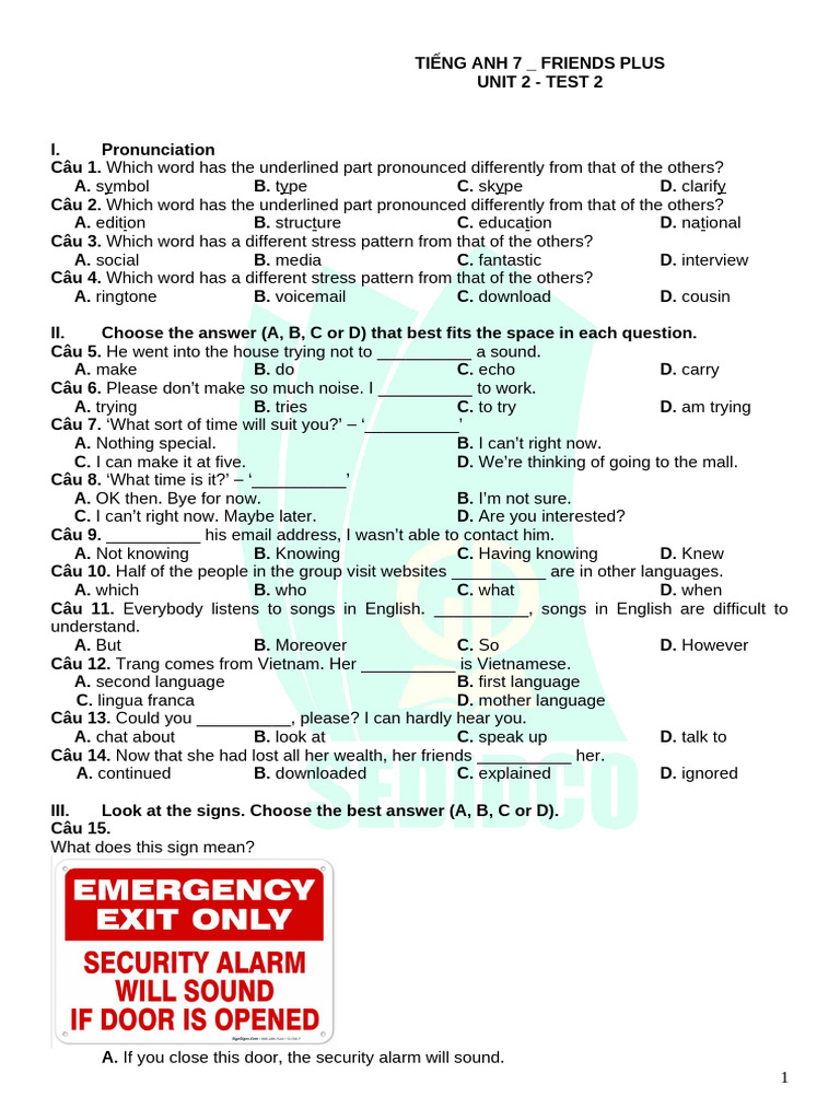 Tieng Anh 7 Friends Plus - Unit 2 - Test 2 | PDF