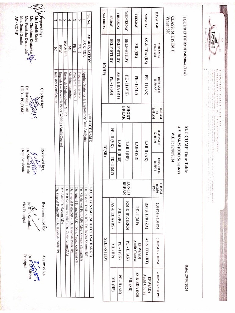 ME Time Table 2023-24 Sem I | PDF