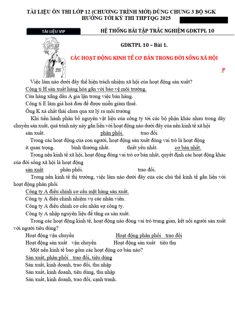 HỆ THỐNG BT TRẮC NGHIỆM GDKT-PL 10 (Cả năm) | PDF