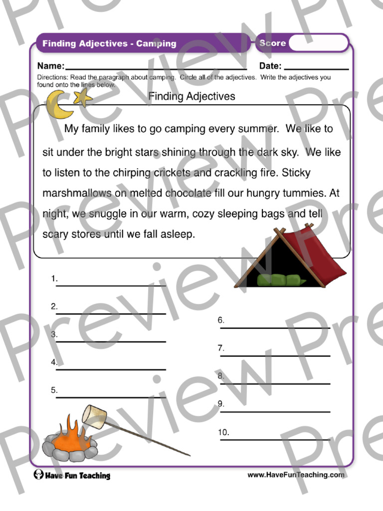 Finding Adjectives Camping Worksheet Preview | PDF