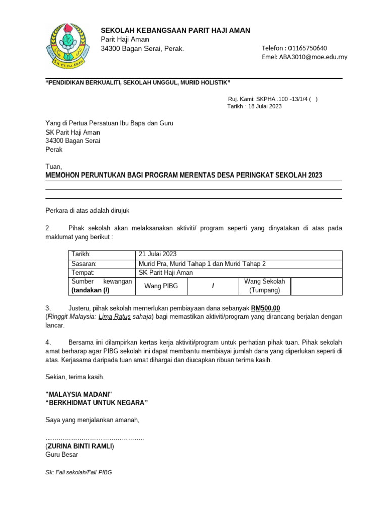 Surat Permohonan Dana PIBG | PDF