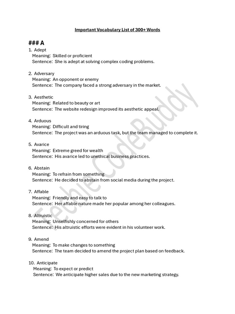 Important Vocabulary List of 300 Words | PDF