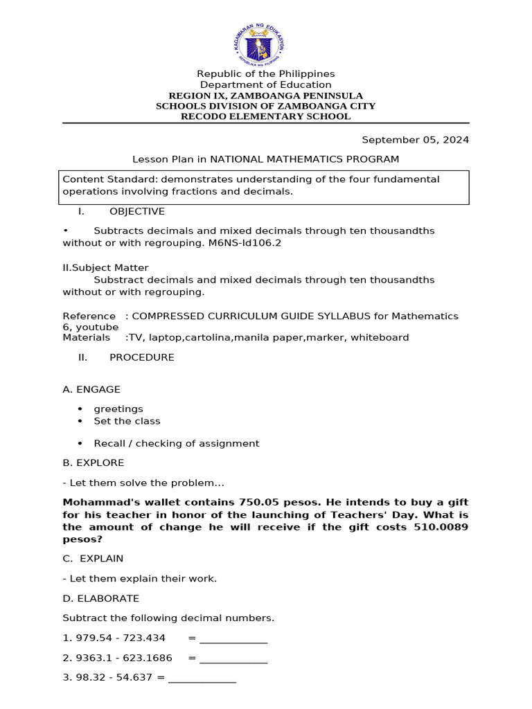 NMP W6 D4 Subtracting Decimal Numbers | PDF | Career & Growth