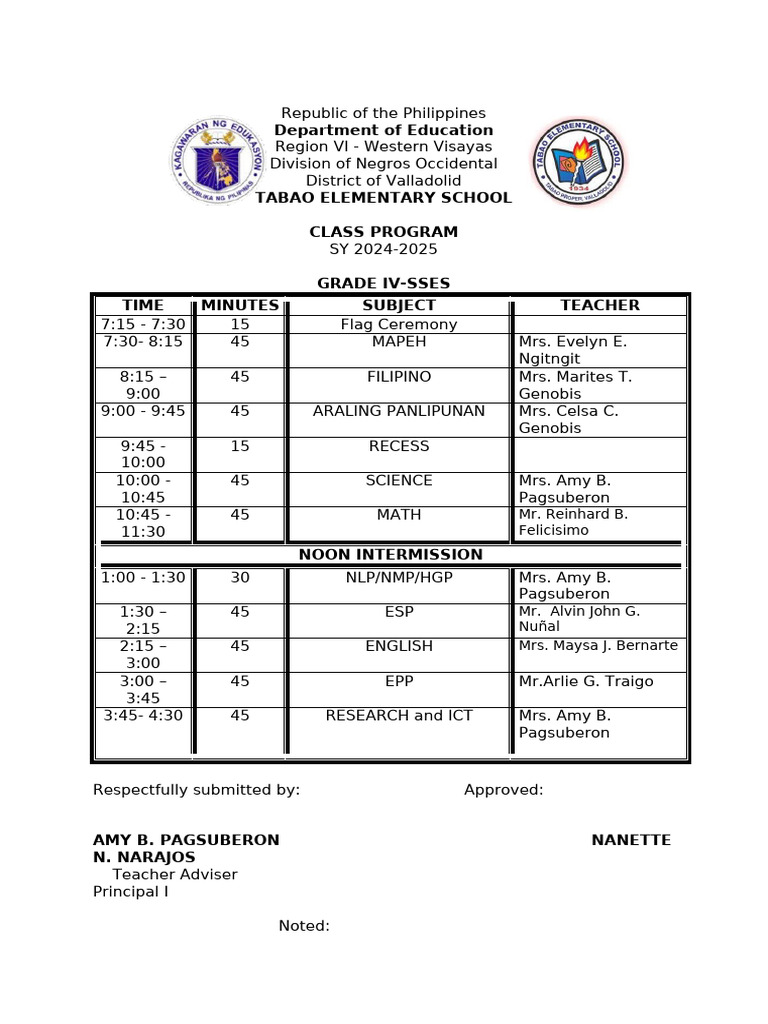 Teachers and Class Program Grade 4 SY 2024 2025 | PDF