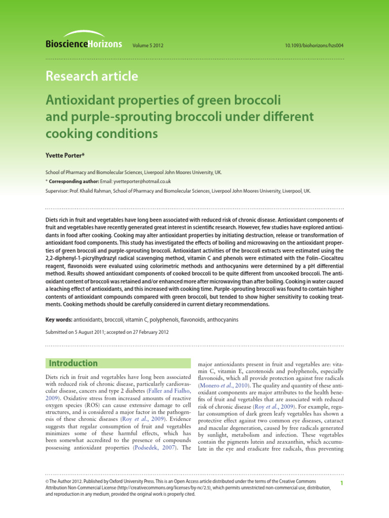 Antioxidant Properties of Green Broccoli and Purpl | PDF