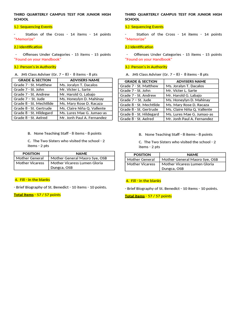 Third Quarterly Campus Test For Junior High School | PDF