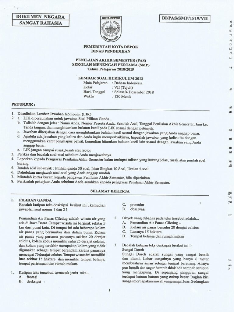 Pas Ganjil Kelas 7 Bindo-2018 | PDF