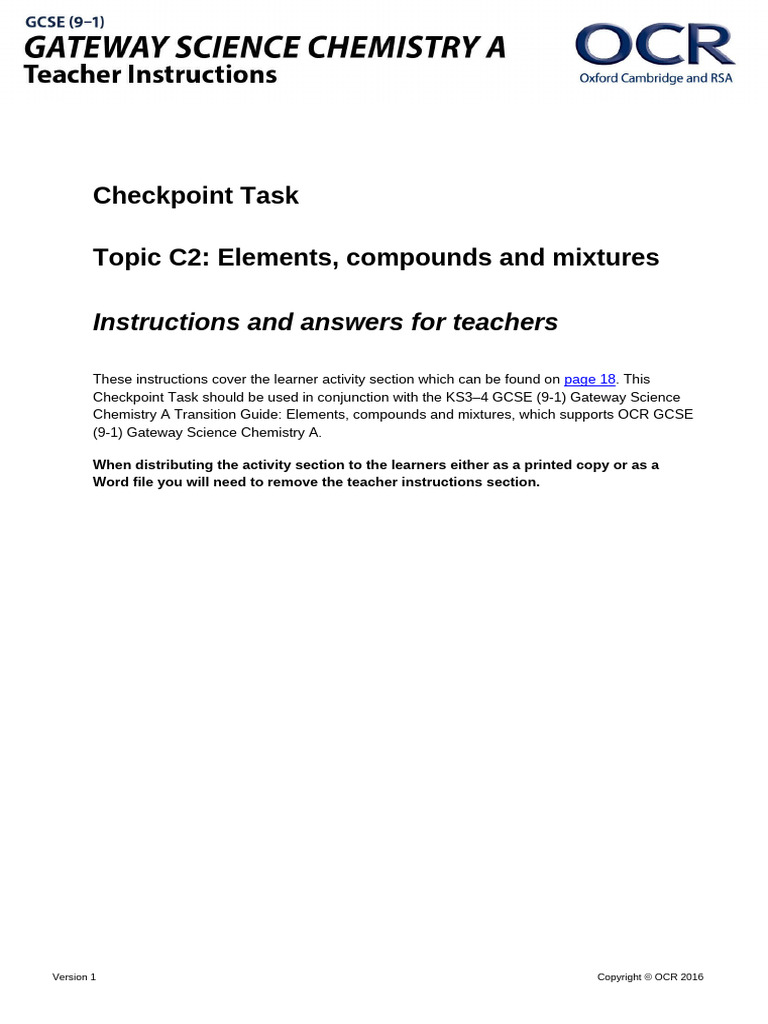 Elements Compounds and Mixtures Checkpoint Task | PDF | Periodic Table | Chemical Substances