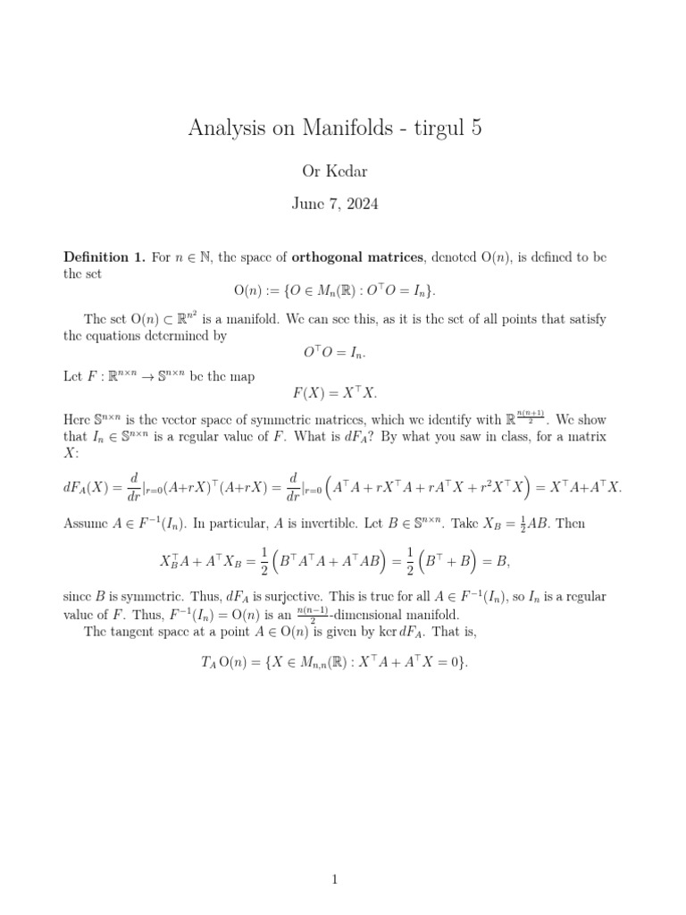 Analysis On Manifolds Tirgul 5 | PDF