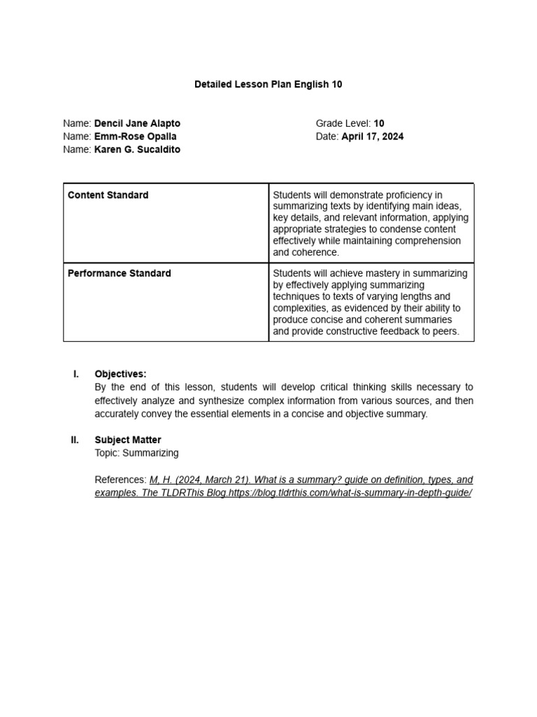 Detailed Lesson Plan SUMMARIZING | PDF