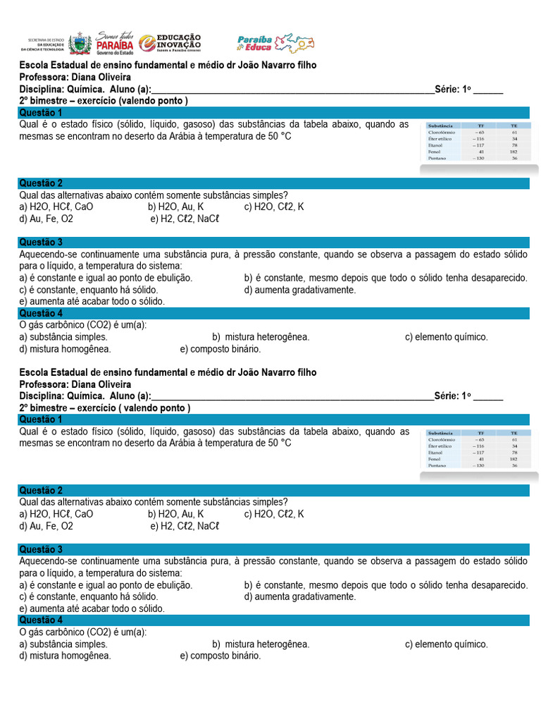 Atividade 2bim Serie 1 1 Quim | PDF