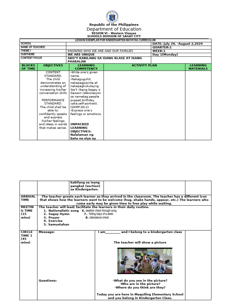 LESSON EXEMPLAR FOR KINDERGARTEN MATATAG CURRICULUM QUARTER1 WEEk 1 ...