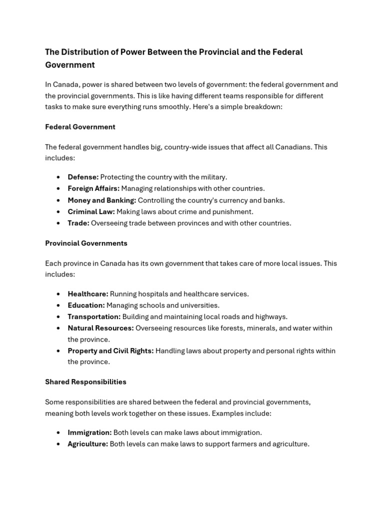 The Distribution of Power Between the Provincial and the Fed | PDF