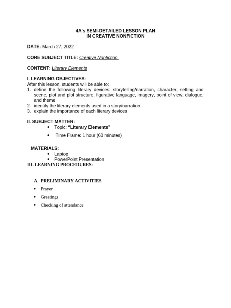 Literary Elements Lesson Plan | PDF