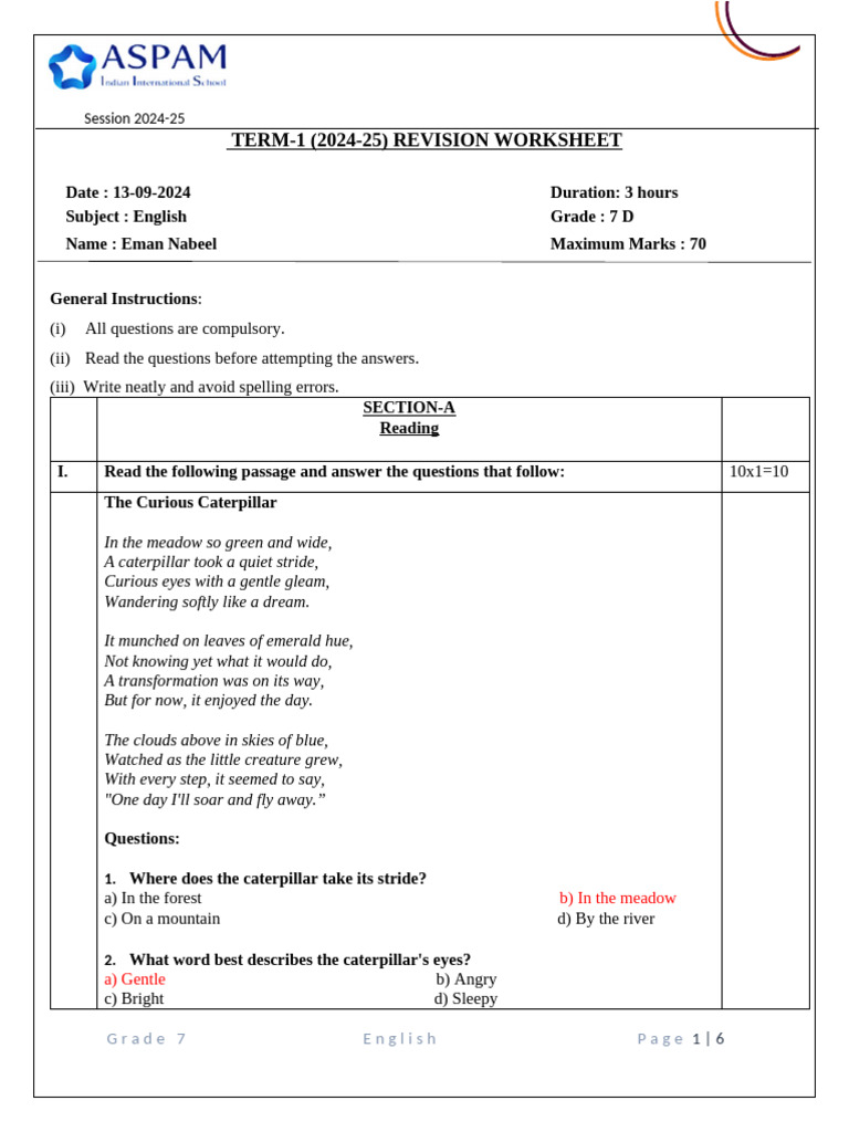 Revision Worksheet | PDF
