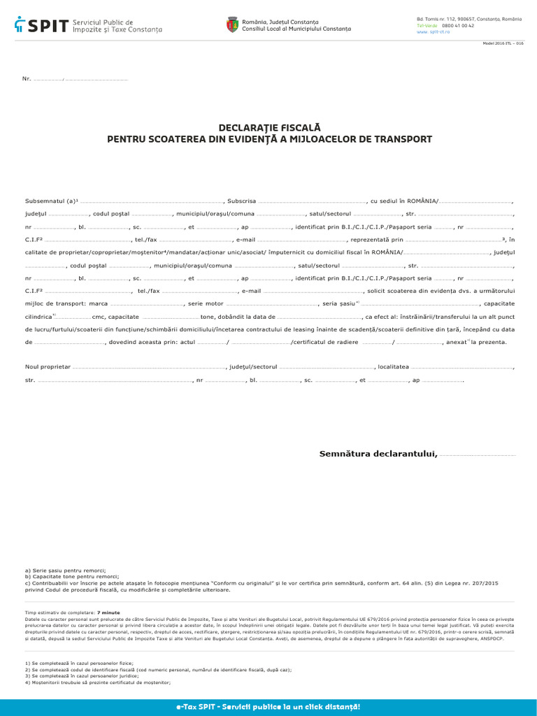 ITL 016 Declaratie Fiscala Scoatere Din Evidenta Auto | PDF