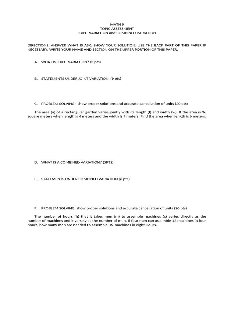 MATH 9 ASSESSMENT JOINT and COMBINED | PDF