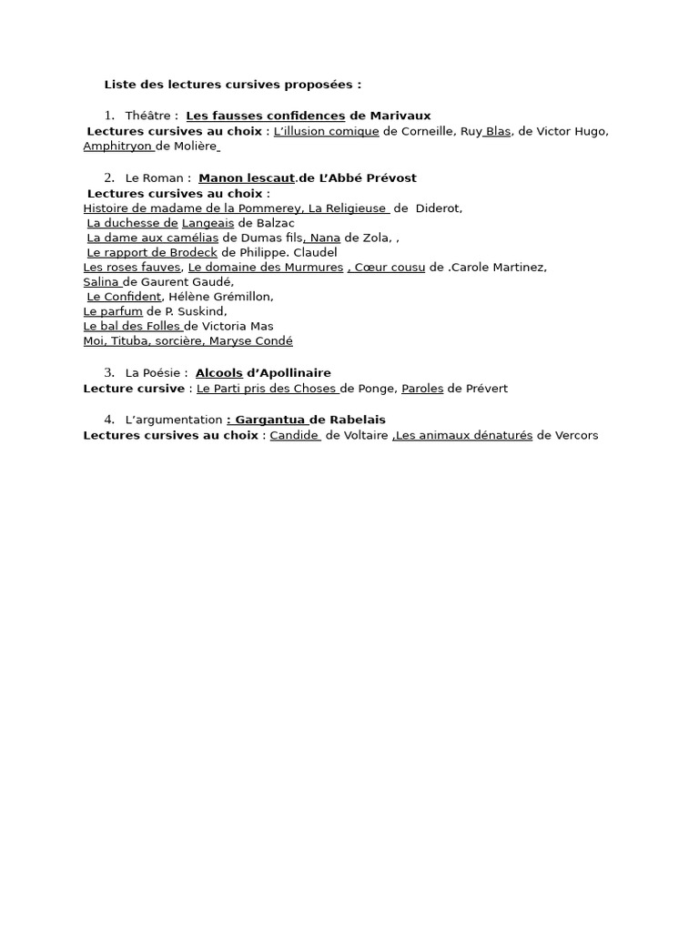 Liste Des Lectures Cursives Proposées | PDF
