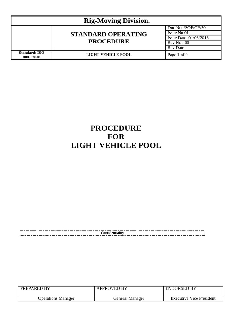SOP OP 20 Light Vehicle Pool | PDF