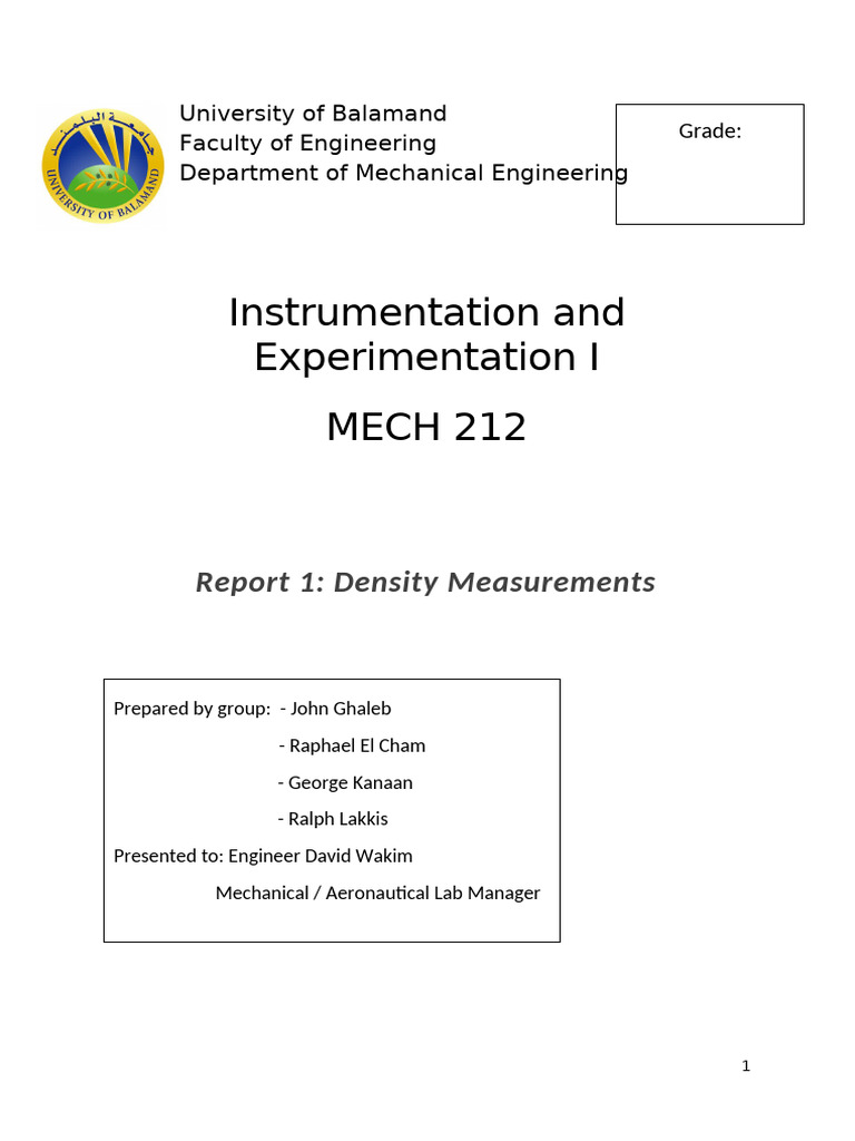 MECH212 G3 Lab1 Density Measurement | PDF