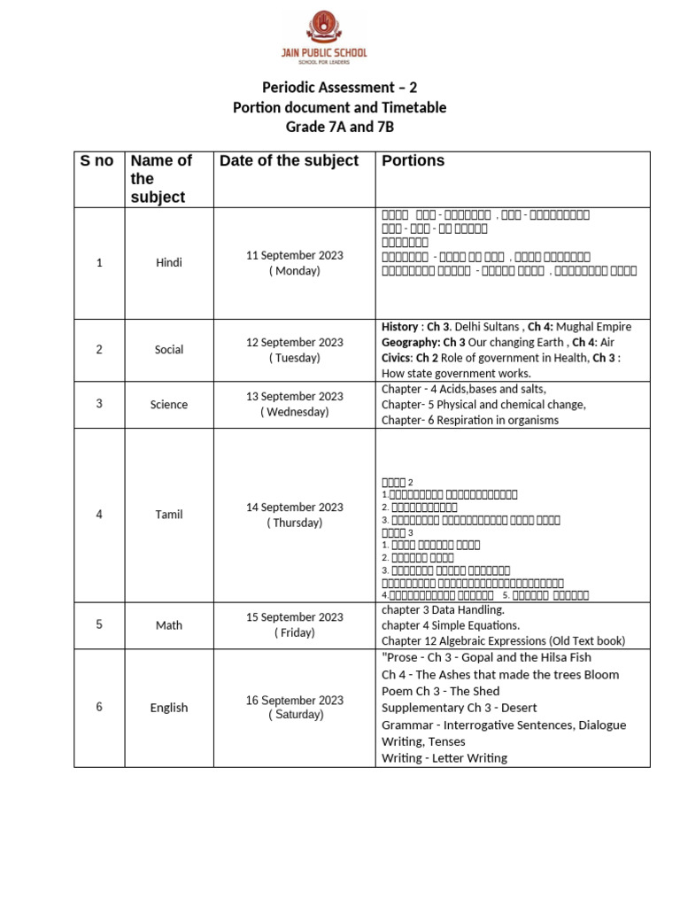 Grade 7 PA-2 Timetable and Portion Document | PDF
