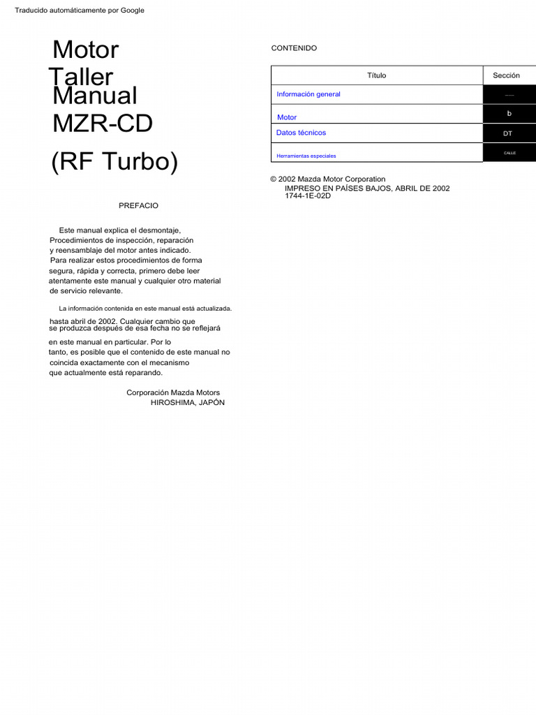 1744-1E-02D Engine Workshop Manual MZR-CD RF Turbo | PDF