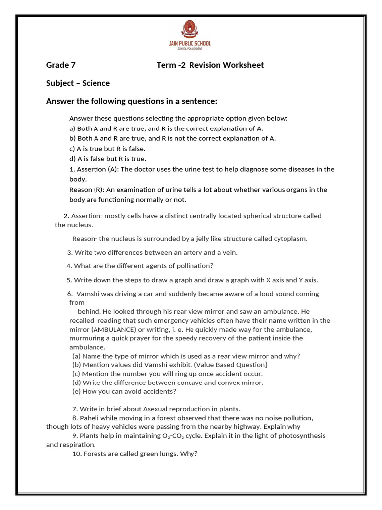 Grade 7 Science Revision Worksheet New | PDF