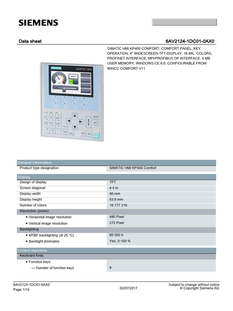 Siemens - Simatic HMI KP400 Comfort | PDF
