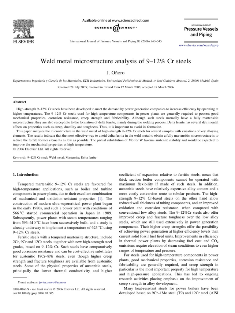Weld Metal Microstructure Analysis of 9-12% CR Steels | PDF