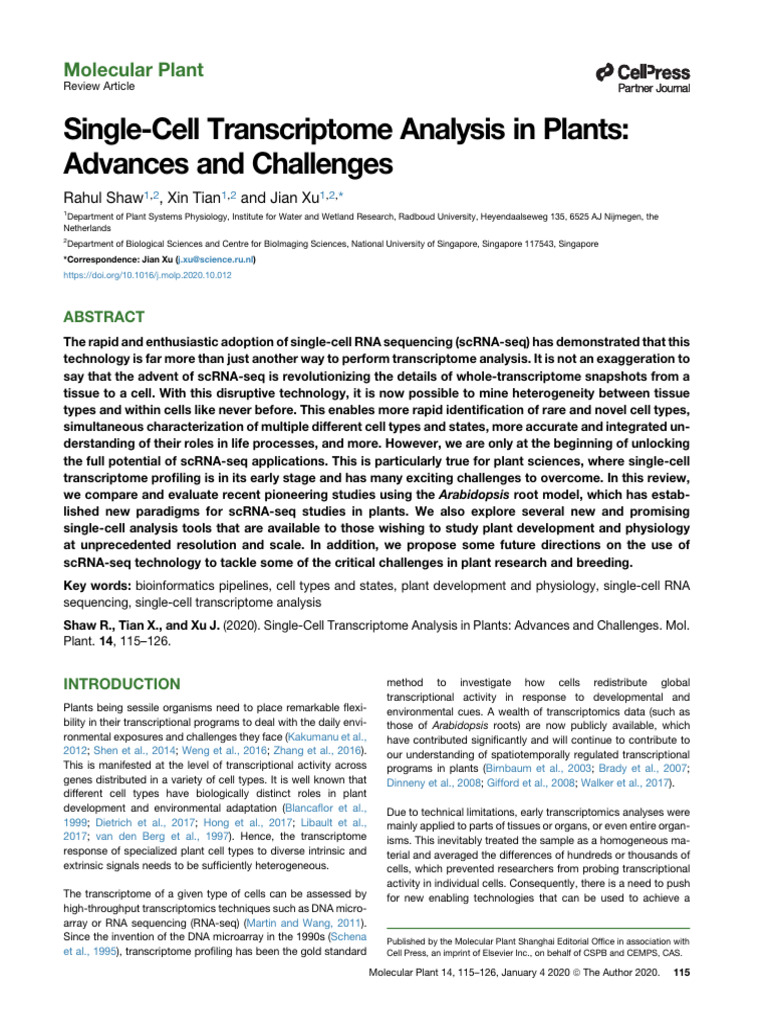 Single-Cell-Transcriptome-Analysis-in-Plants--Adva | PDF