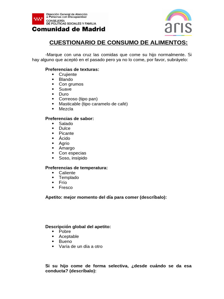 Cuestionario de Preferencias de Alimentación | PDF | ensalada | Cocina ...