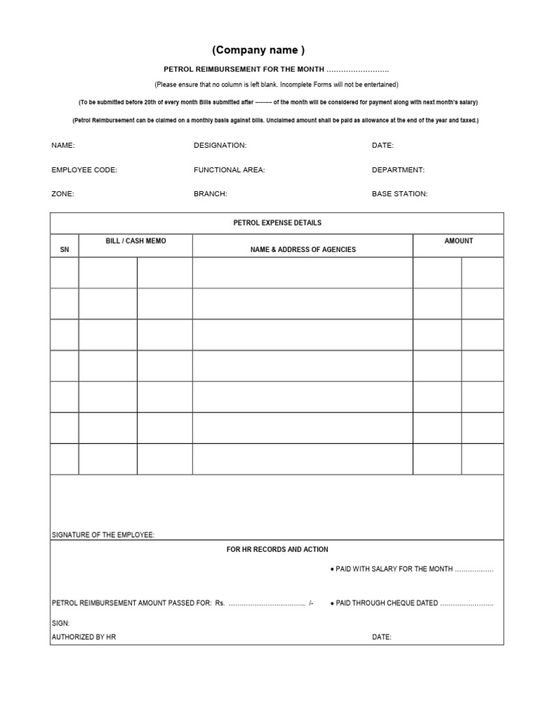 Petrol Reimbursement Claim Form | PDF
