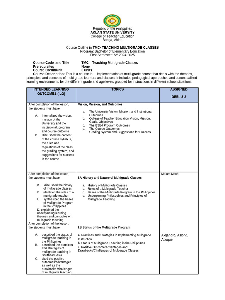 TMC Course Outline 1st Sem 2024 2025 3 1 | PDF