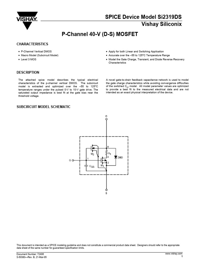Vishay Siliconix SPICE Device Model Si2319DS P-Channel 40-V (D-S) MOSFET | PDF
