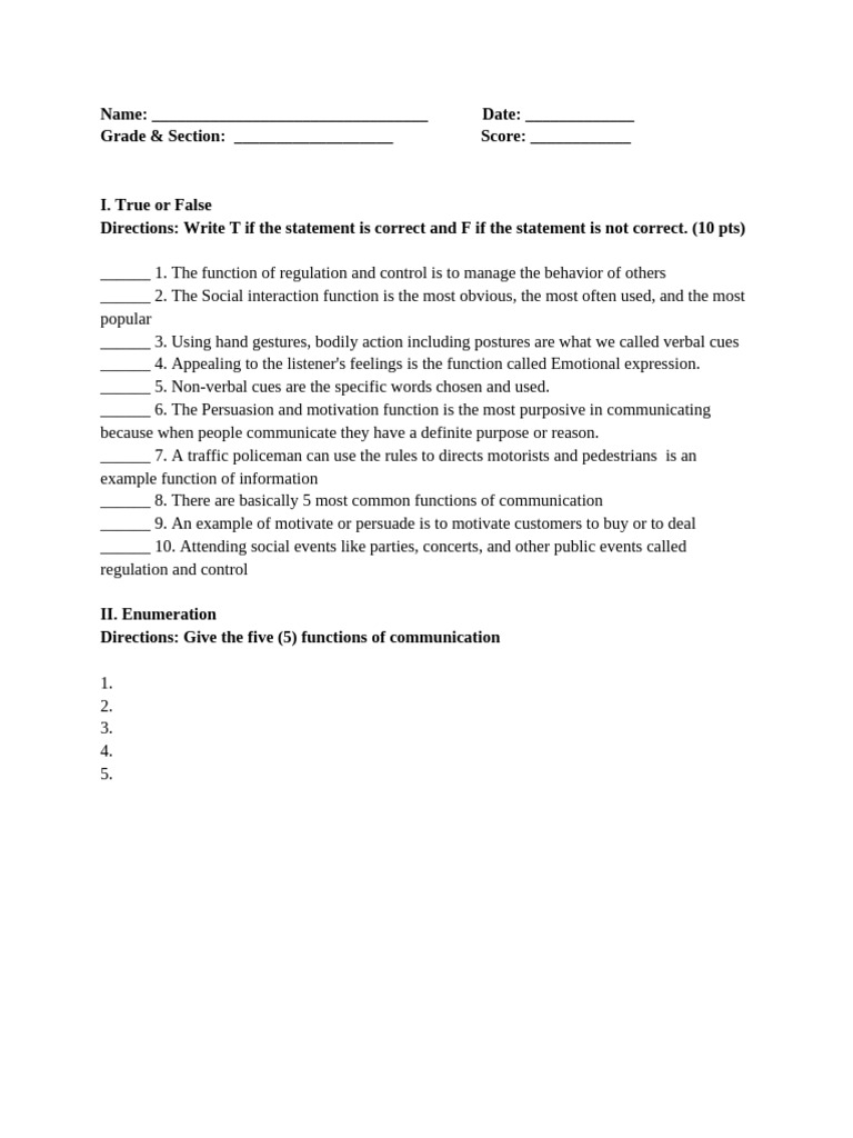 FUNCTIONS OF COMMUNICATION Quiz | PDF
