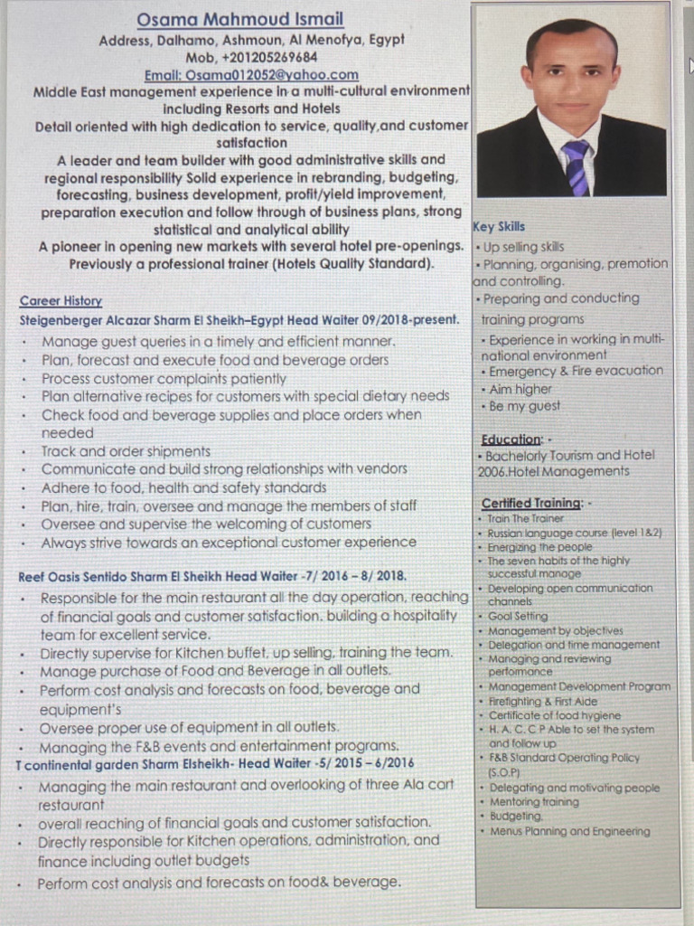 Osama CV Head Waiter | PDF
