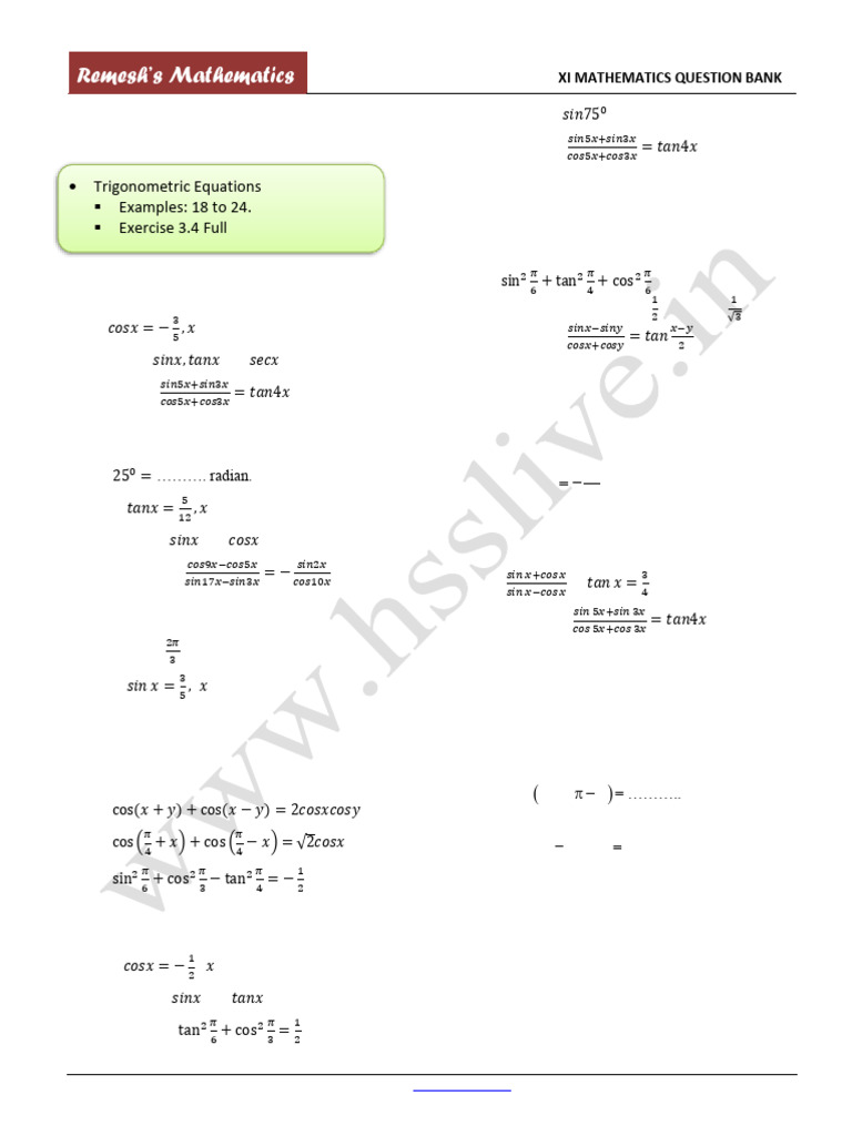Hsslive Xi Maths QB 3. TRIGONOMETRY | PDF