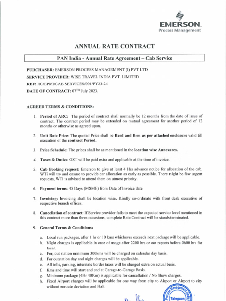 Pan India Rate Agreement - Cab Services - WTi Cabs | PDF