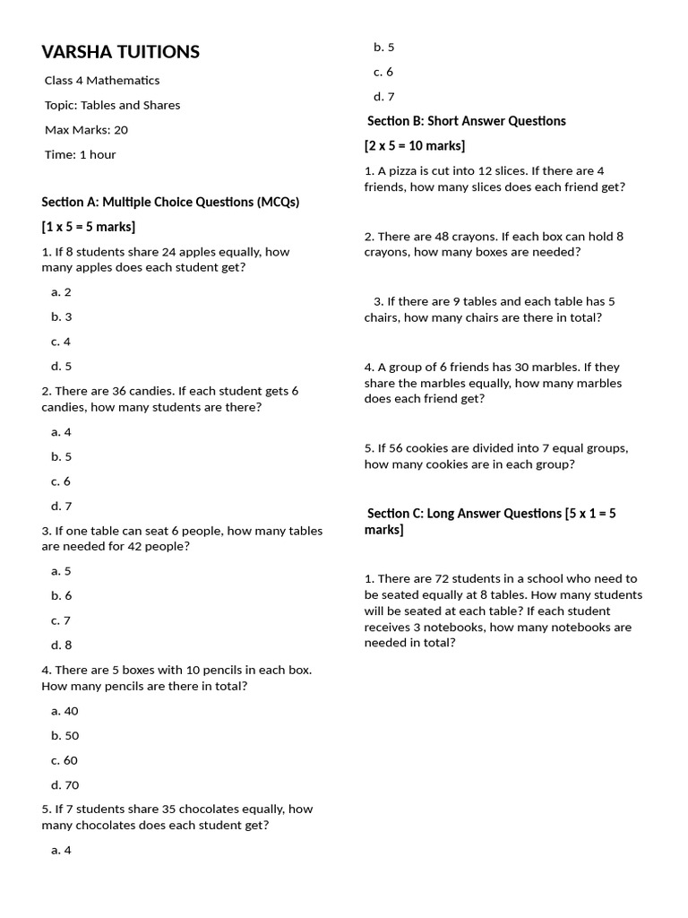 Tables and Shares Q Paper | PDF