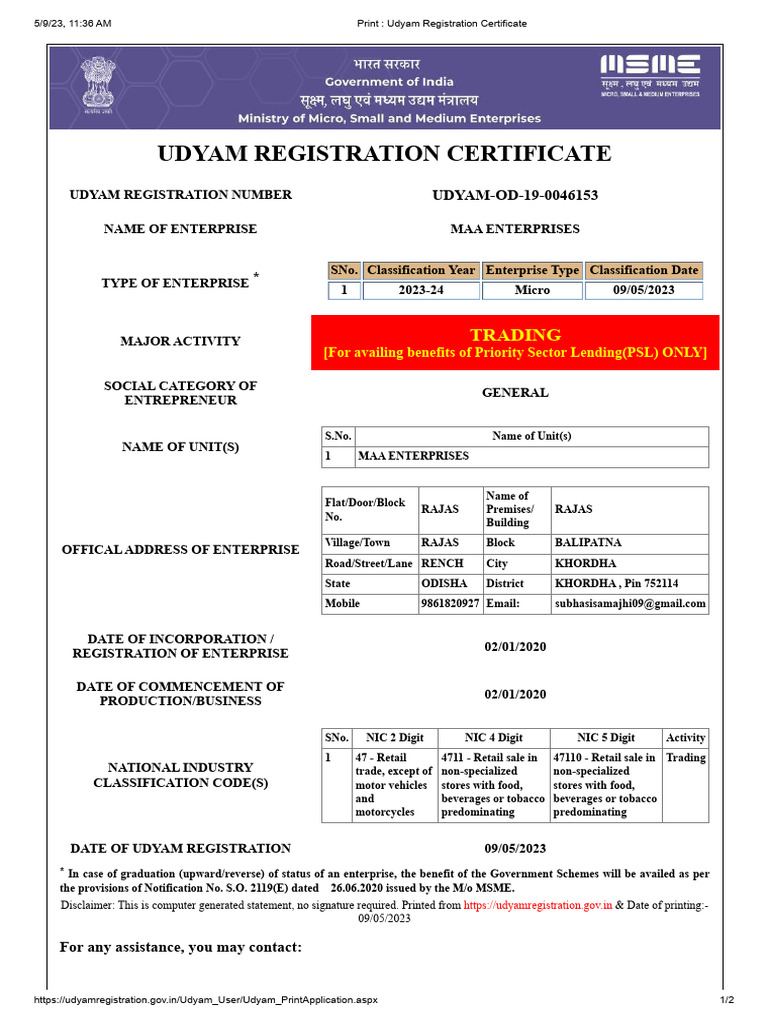 MAA ENTERPRISES - Udyam Registration Certificate | PDF