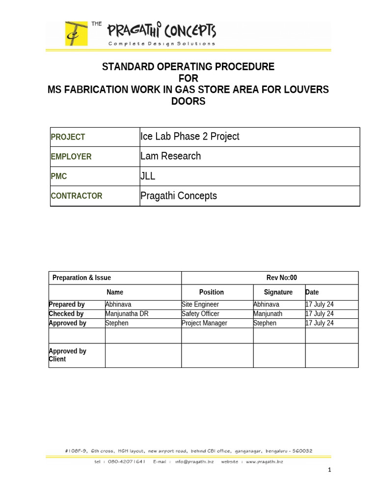 Sop-Ms Fabrication Work in Gas Store Area For Louvers Doors | PDF