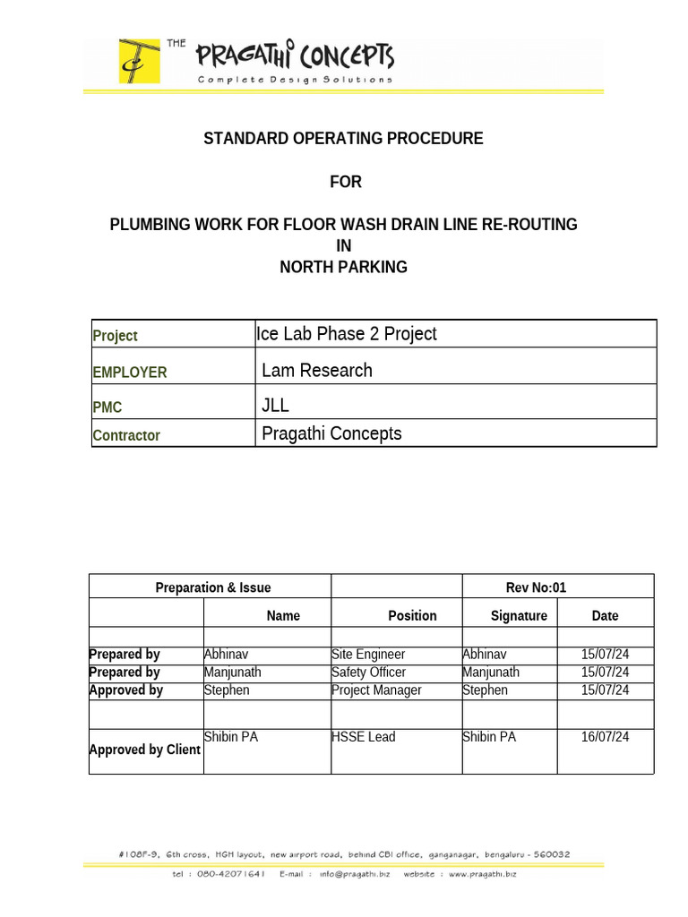 Sop - Plumbing Work For Floor Wash Drain Line Re-Routing in North ...