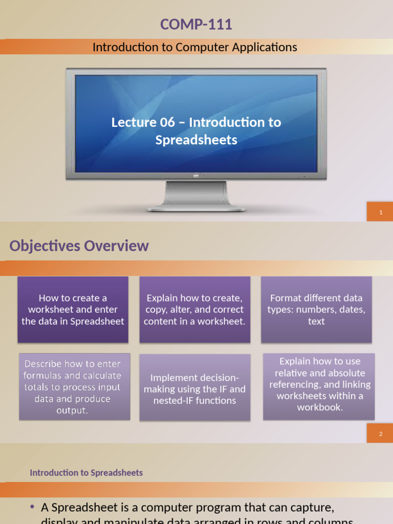 Lecture 06 - Introduction To Spreadsheets | PDF | Spreadsheet | Microsoft Excel