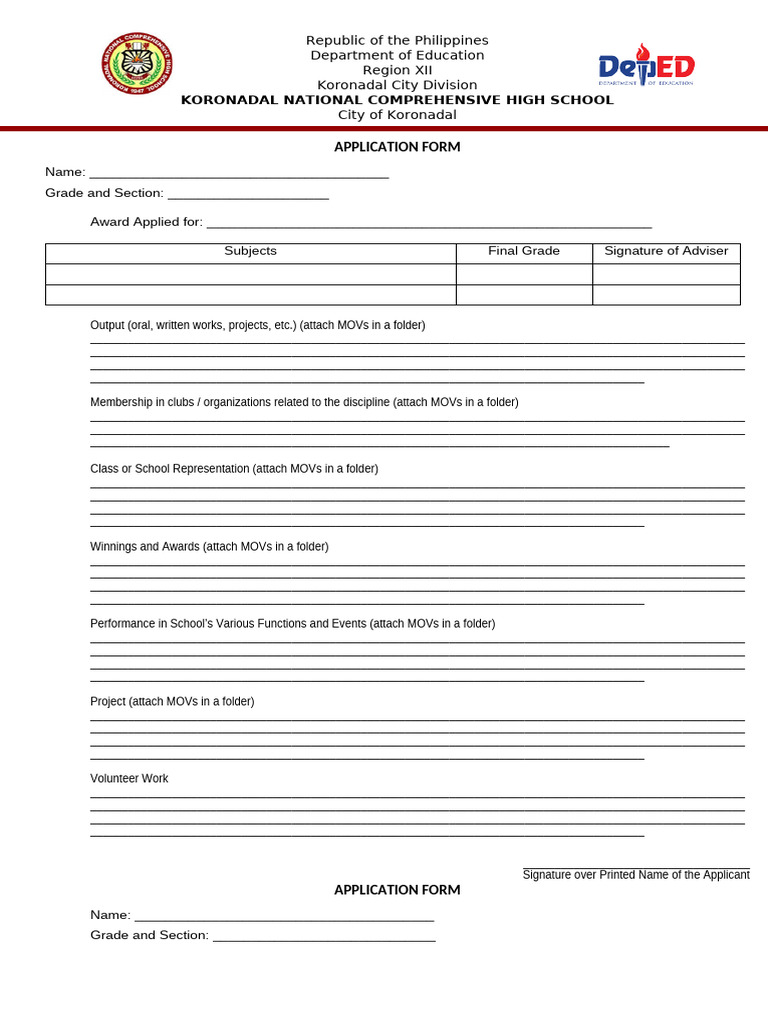 APPLICATION FORM For AWARDEES JHS | PDF