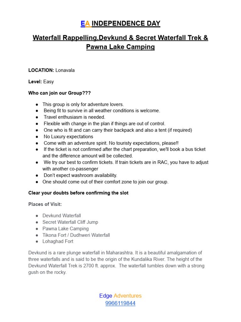 Edge Independence Day Combo Trek - Waterfall Rappelling, Devkund ...