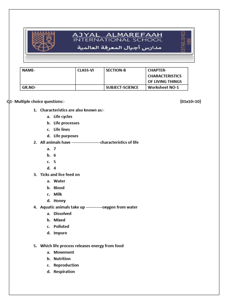 Revision Worksheet CHARACTERISTICS OF LIVING THINGS | PDF | Plants | Excretion
