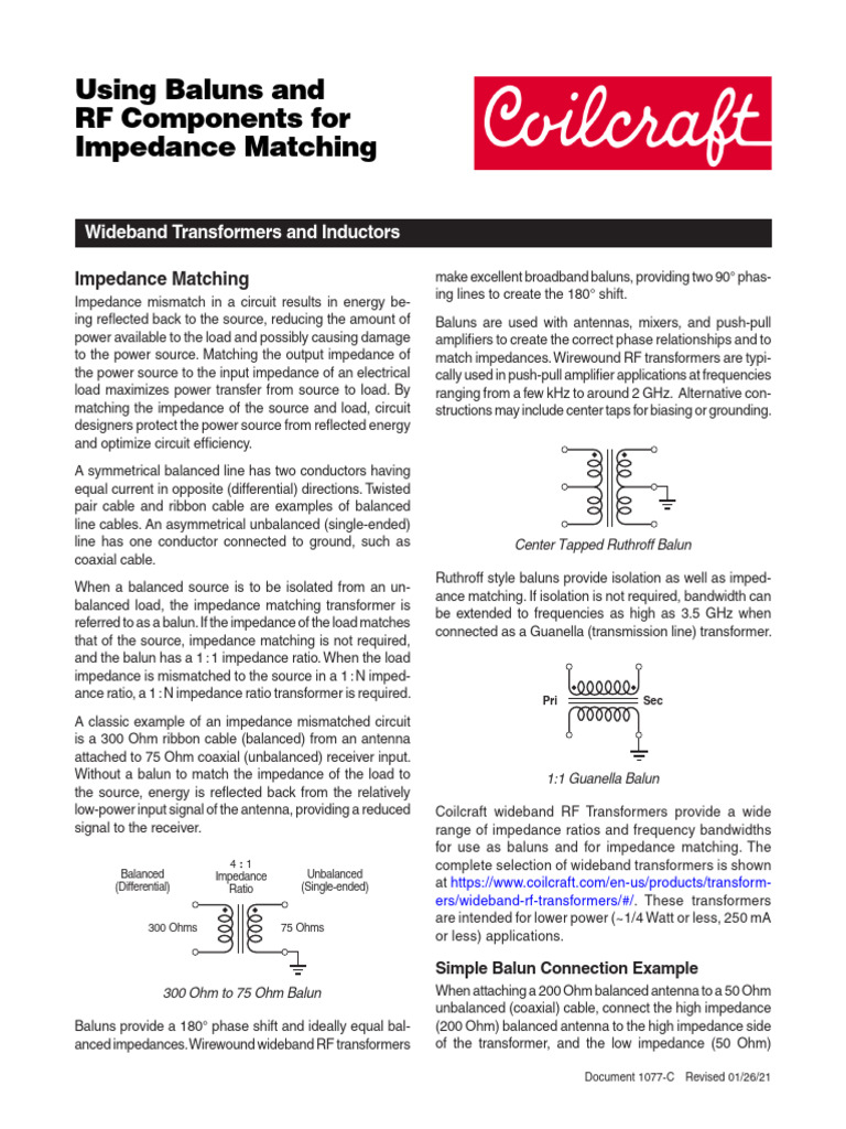 Baluns For Impedance Matching (Coilcraft) | PDF